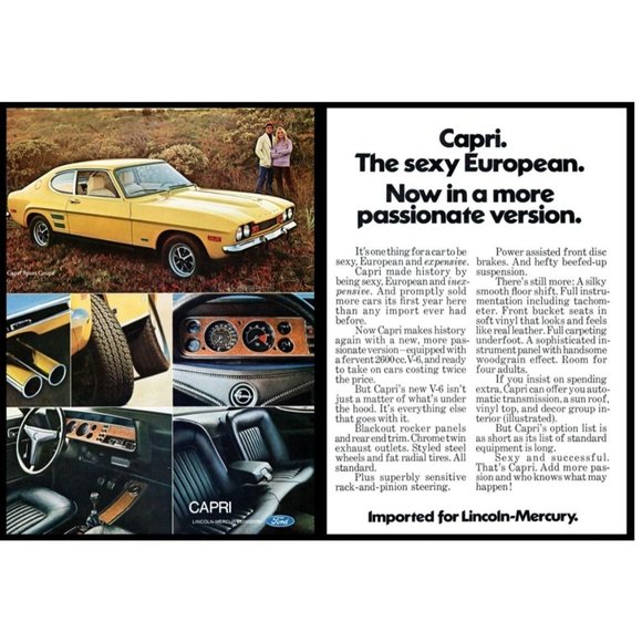 Mercury | Art | 972 Mercury Capri V6 Hatchback Vintage Print Ad Sexy Passionate Couple Wall Art ...